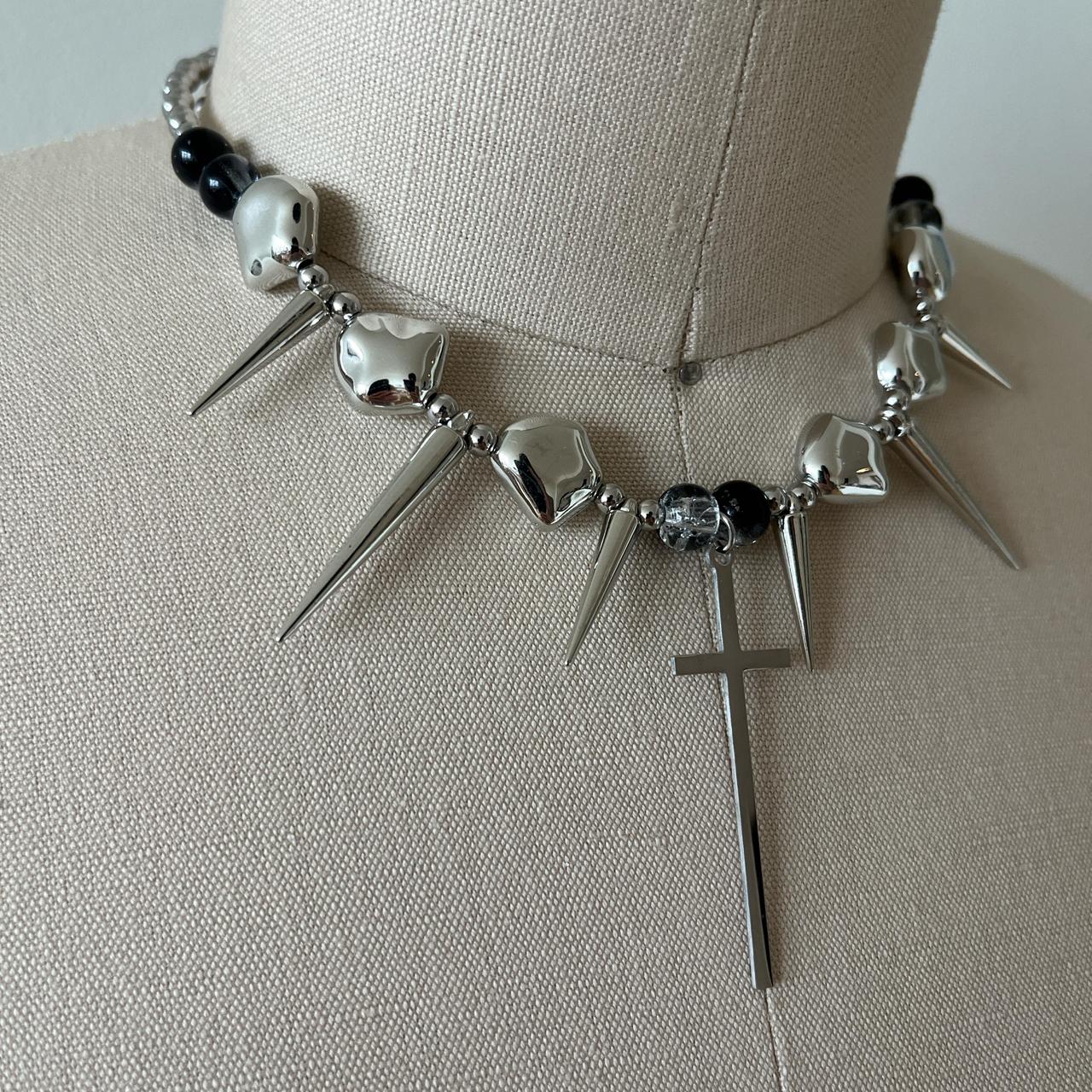 Gothic spiked beaded necklace with cross charm #punk... - Depop