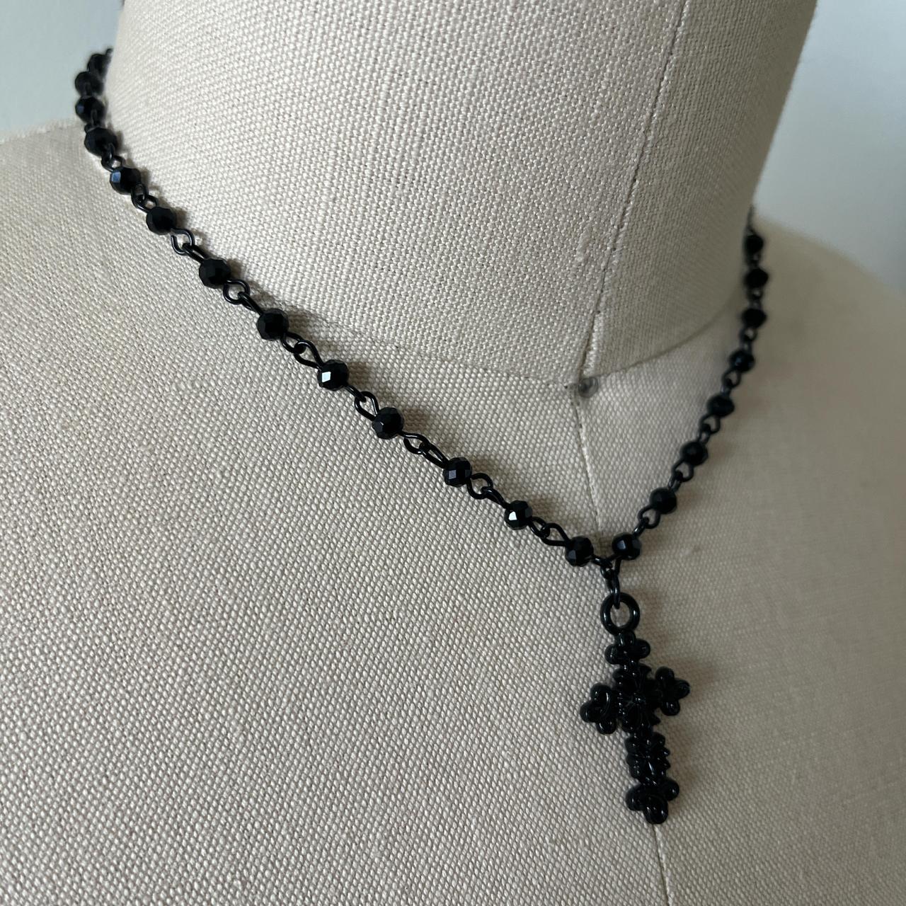 All Black cross necklace with beads, adjustable... | Depop