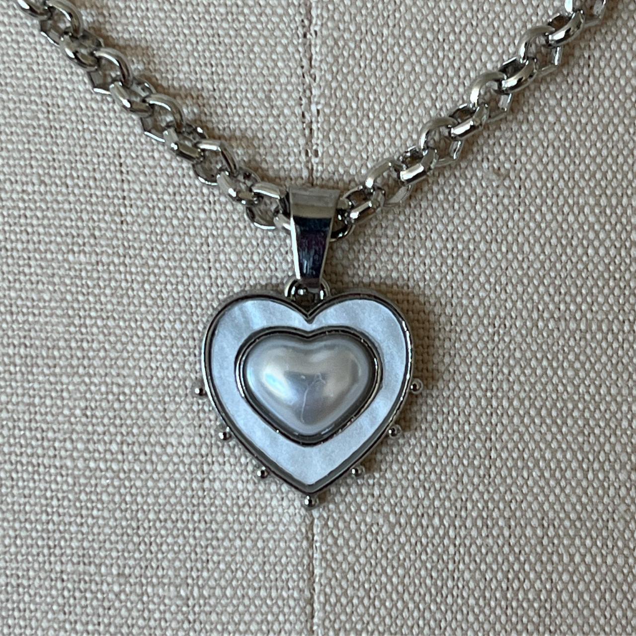 HANDMADE | Silver pearlescent heart pendant necklace... - Depop