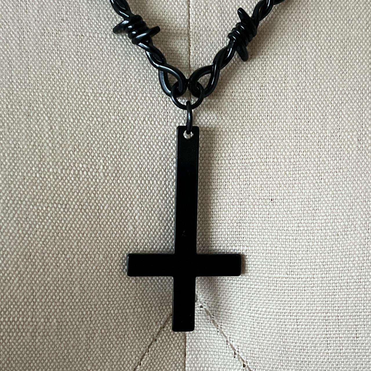 Black inverted cross necklace with barbed wire... | Depop