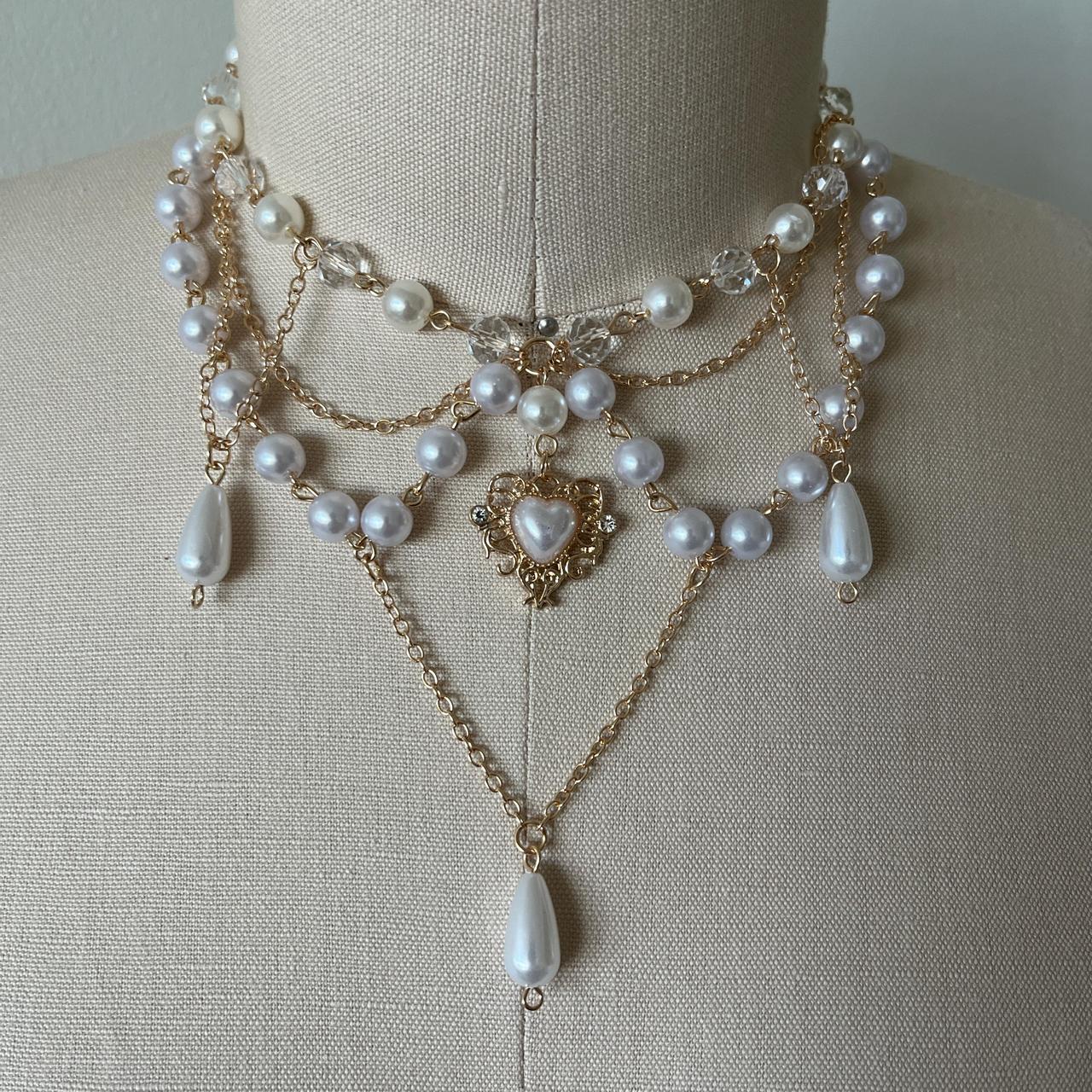 Multi-layered pearl renaissance heart necklace with... - Depop