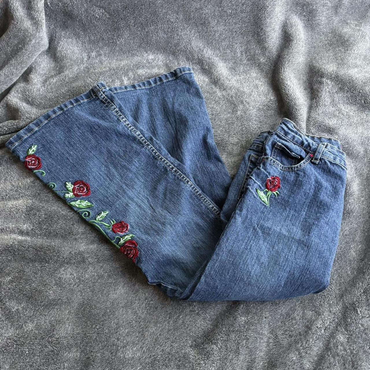Embroidered rose y2k low rise flare jeans, super... | Depop