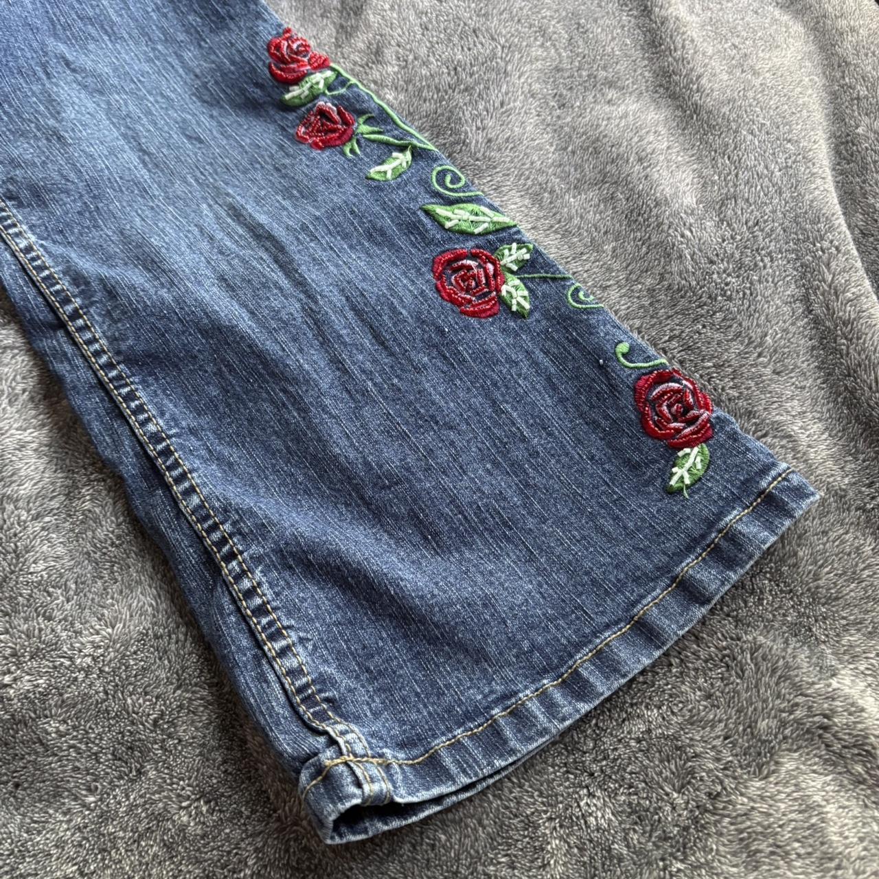 Embroidered rose y2k low rise flare jeans, super... | Depop