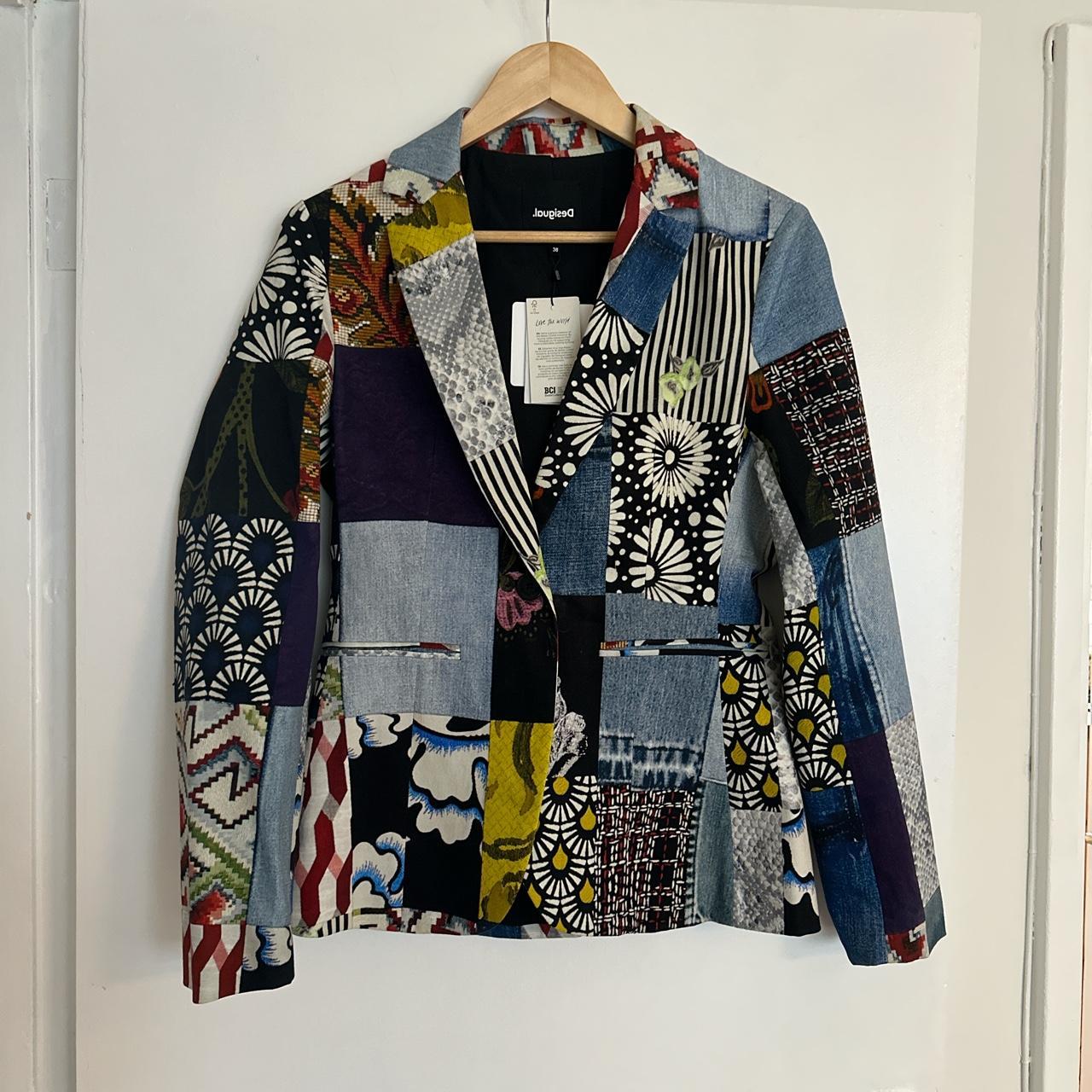 Quirky patterned blazer, patchwork style, fitted at... - Depop