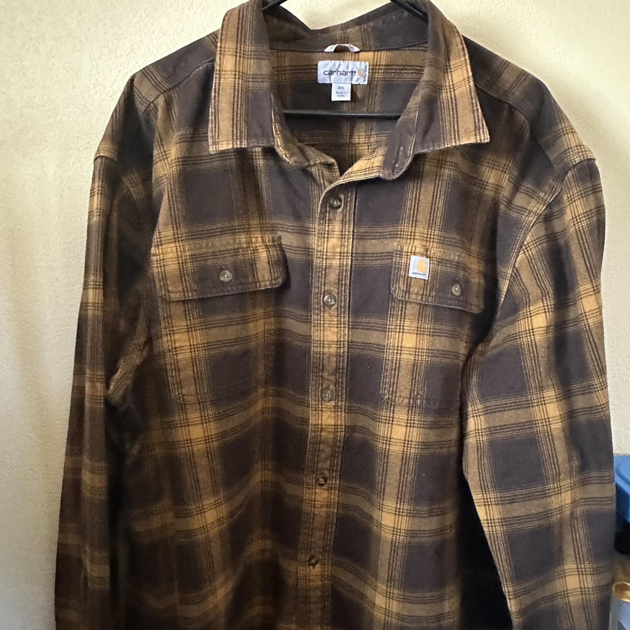 Carhartt brown and tan flannel shirt Size 3XL - Depop