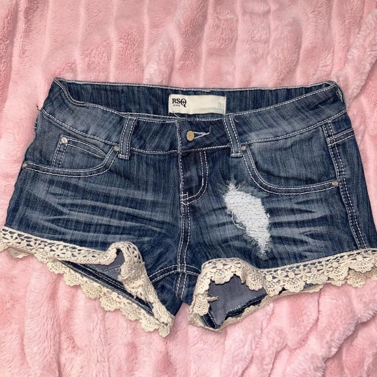 RSQ blue and navy denim shorts with lace ruffle... - Depop