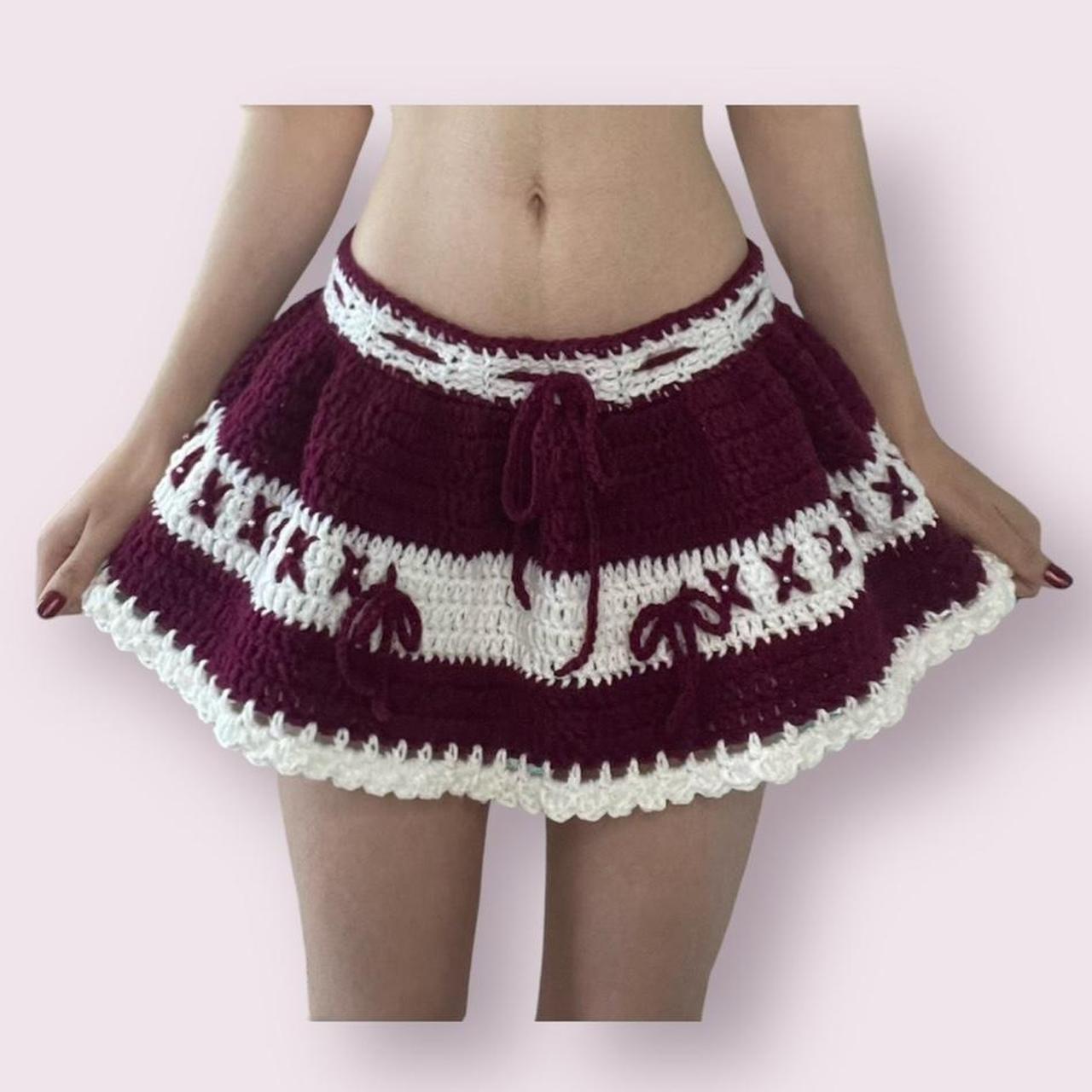 Burgundy and white crochet patterned mini skirt... - Depop