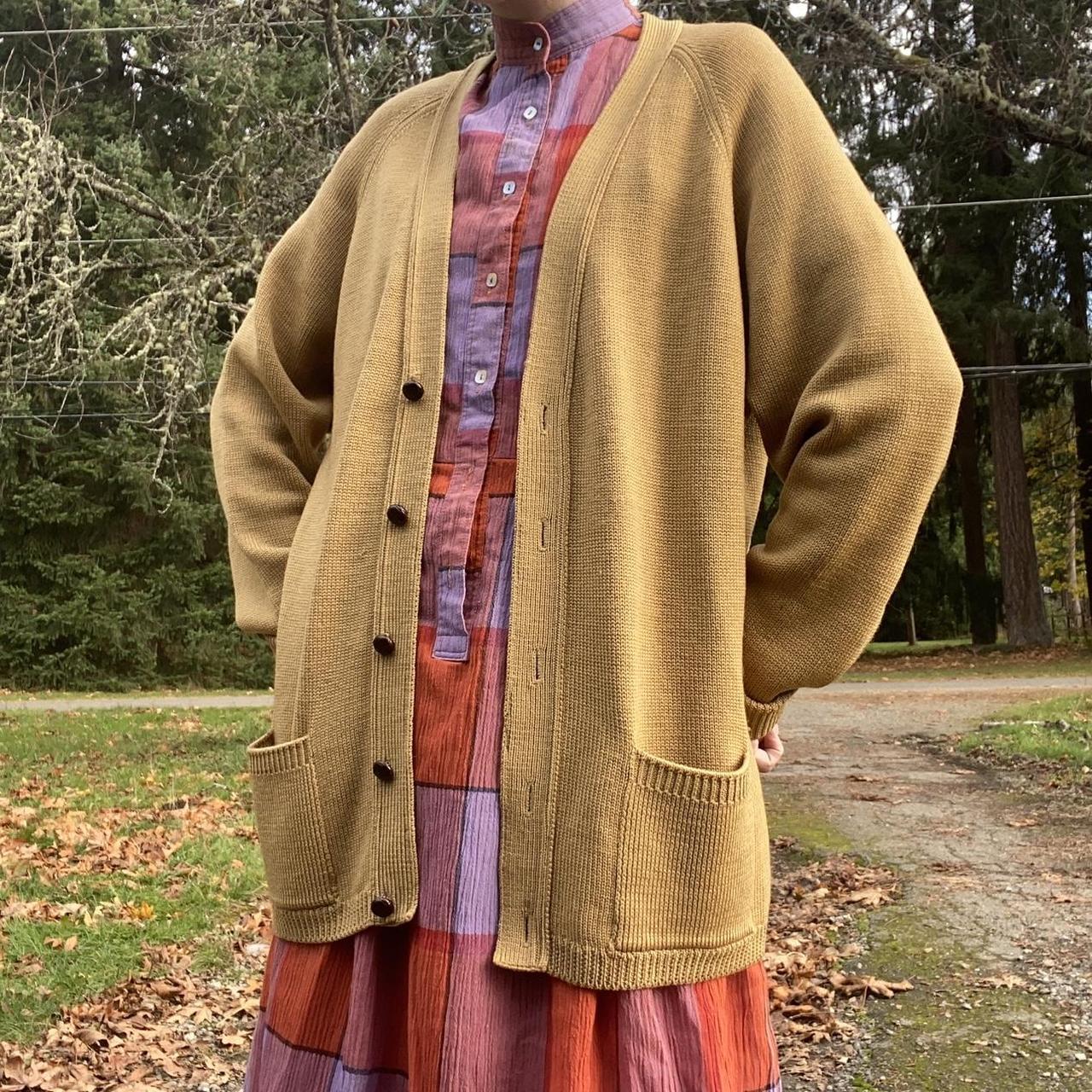 70s 80s vintage muted mustard yellow wool cardigan... - Depop