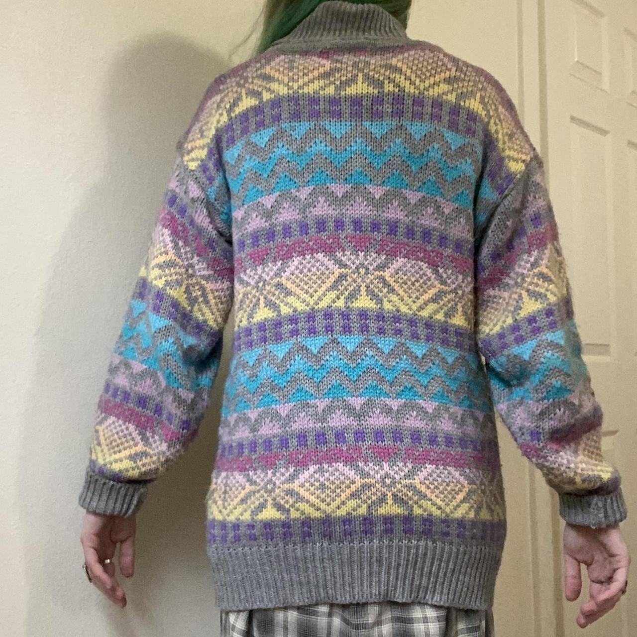 80s vintage gray fair isle pastel rainbow chunky... - Depop