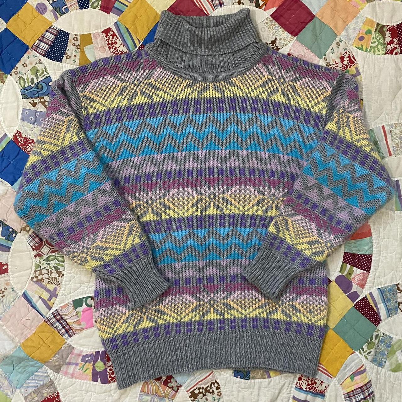 80s vintage gray fair isle pastel rainbow chunky... - Depop