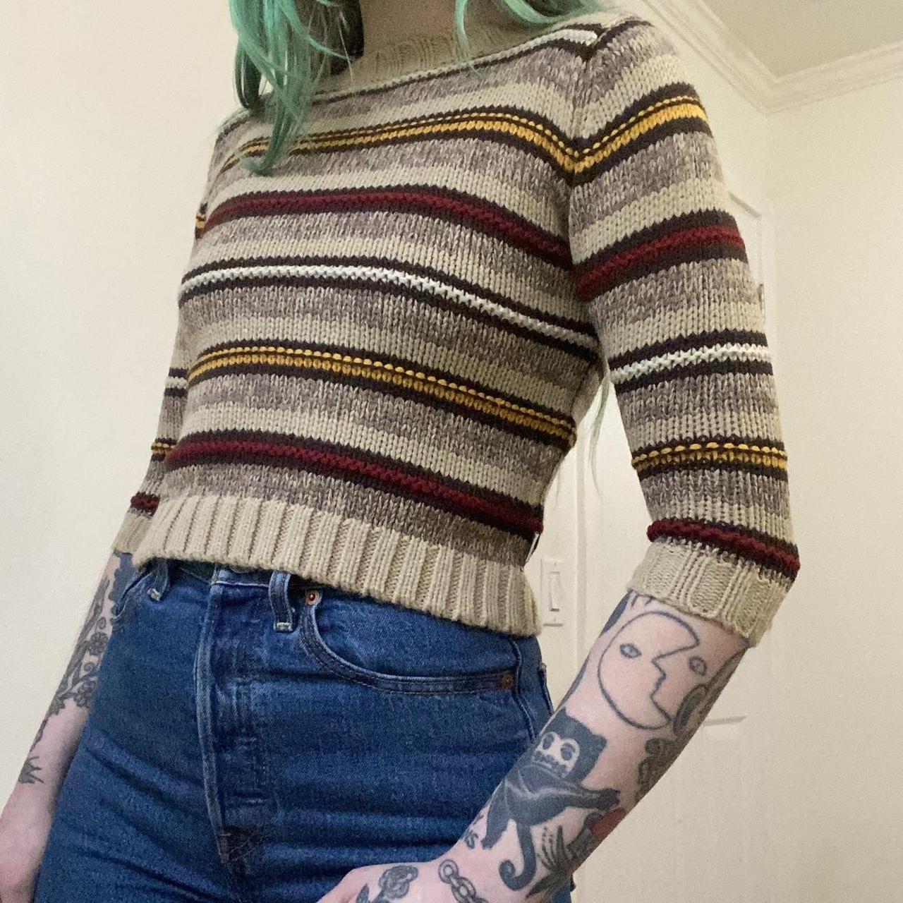 Striped earth tone cropped sweater by... | Depop