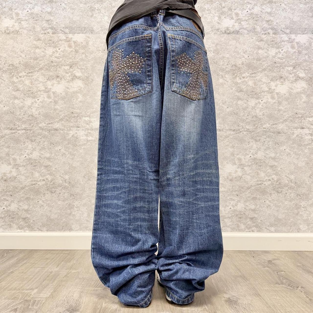 SMALL SIZE Y2K BLUE CROSS JEANS WITH NICE CROSS... | Depop