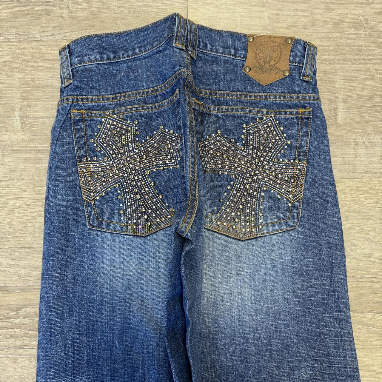 SMALL SIZE Y2K BLUE CROSS JEANS WITH NICE CROSS... | Depop