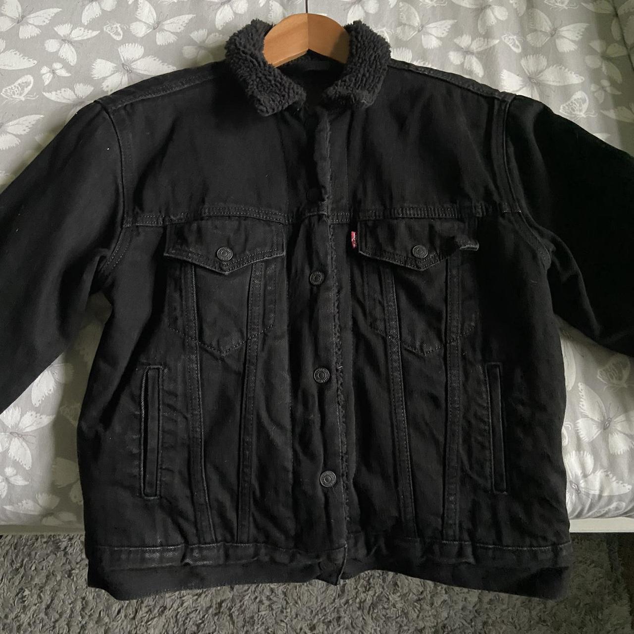 Black Levi Denim Jacket with Black Shearling... - Depop