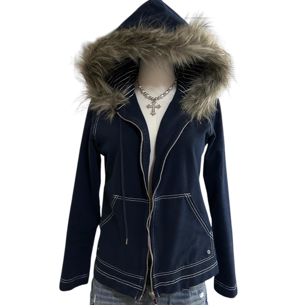 dark blue zip up with thick grey faux fur hooded... - Depop