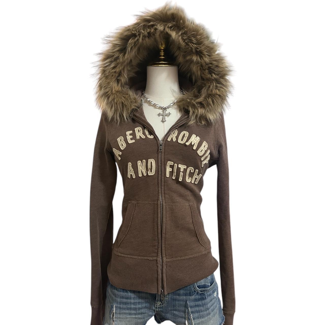 brown and white Abercrombie 2000s jacket with brown... - Depop