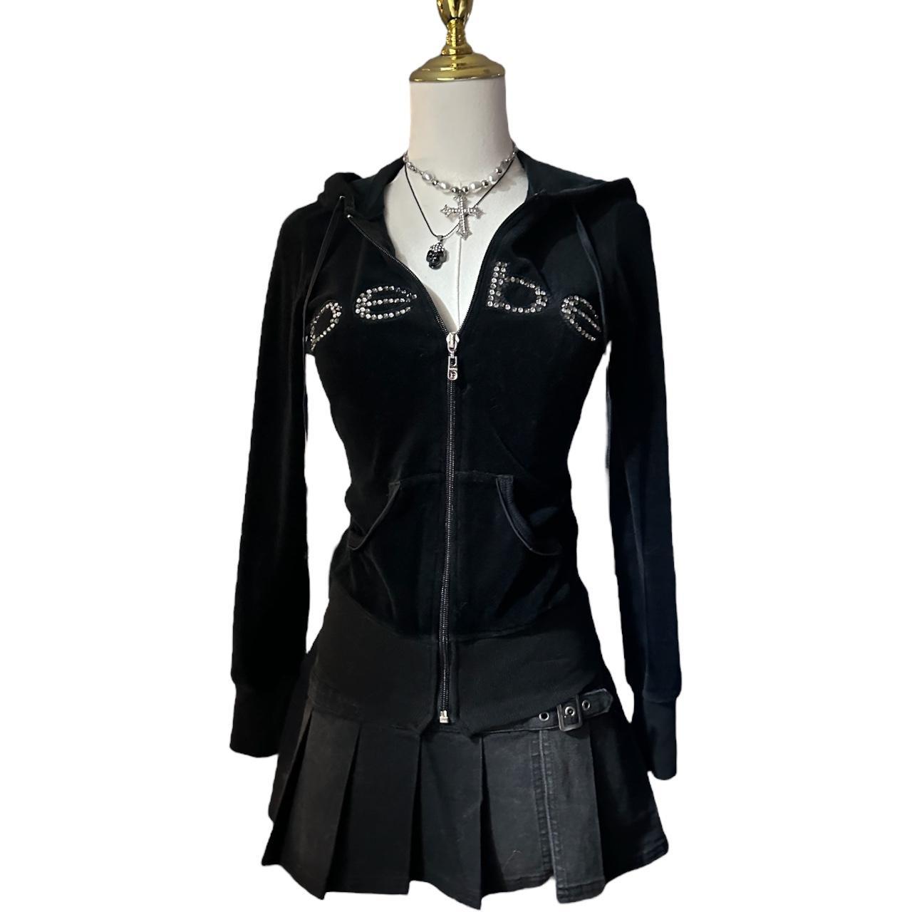 Black Bebe 2000s velour zip up logo hoodie with... | Depop