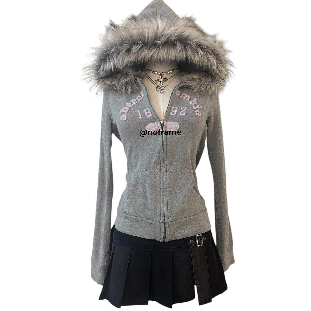 Grey and pink 2000s Abercrombie and Fitch jacket... - Depop