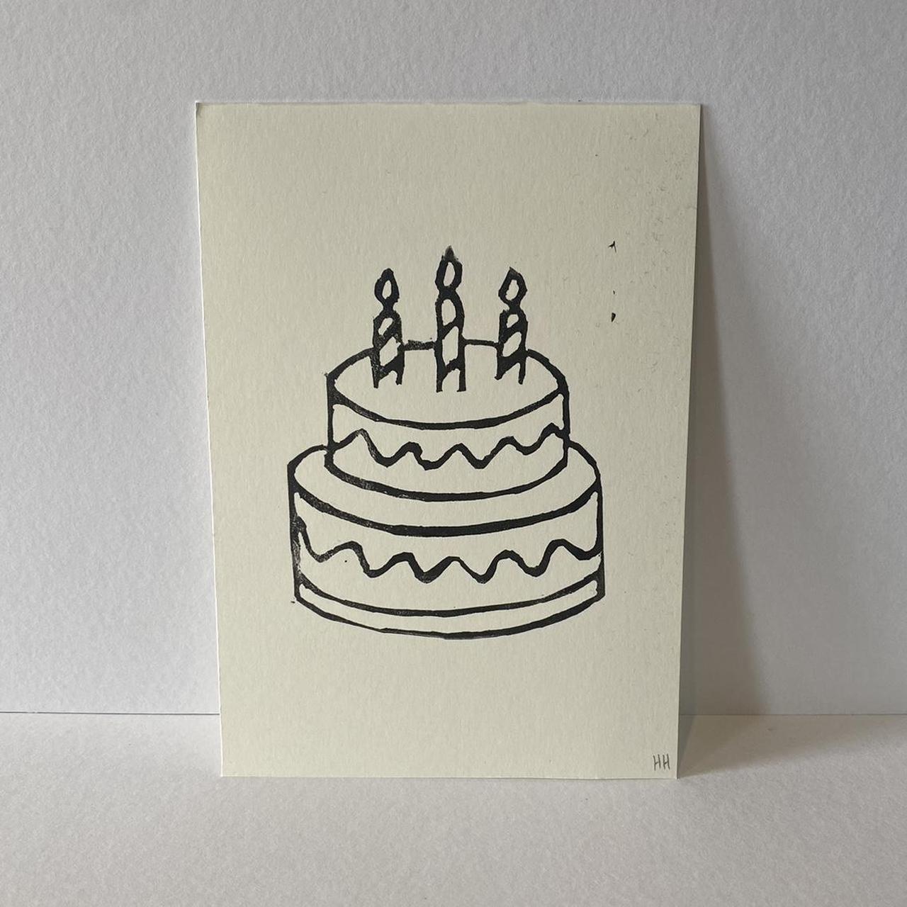 Handmade black and white birthday cake Lino print A6 - Depop