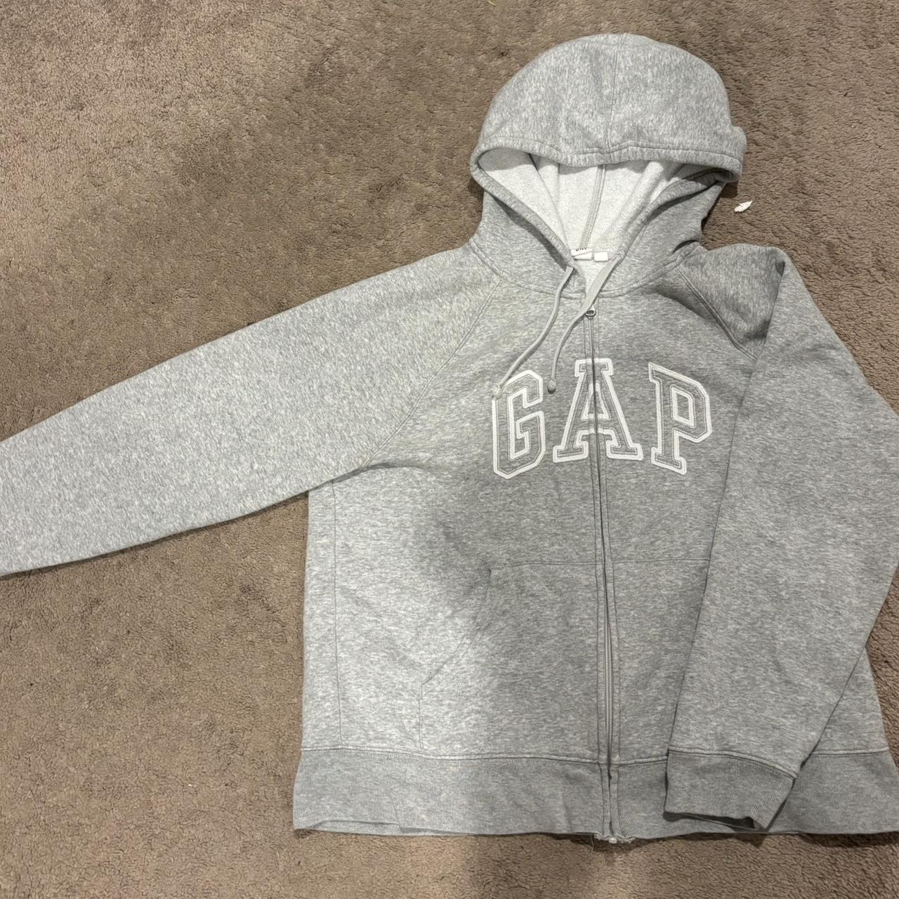 grey GAP zip up size large flaw: the zipper paint is... - Depop