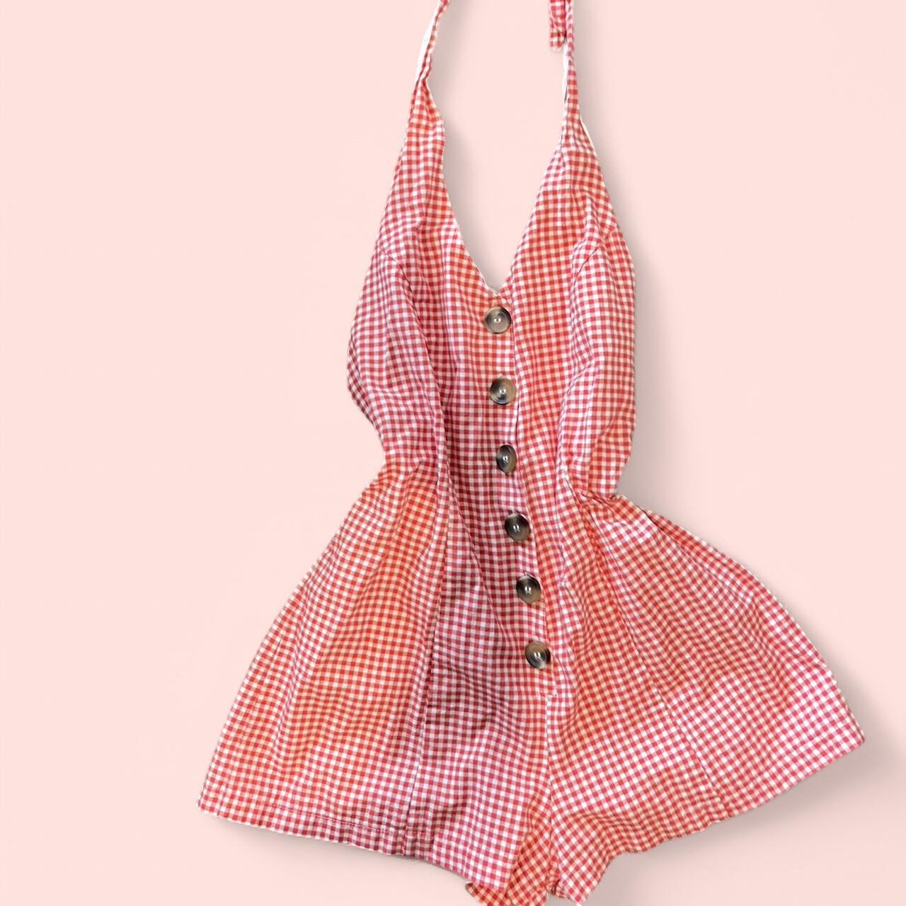 Red and white checkers romper with open back perfect... | Depop