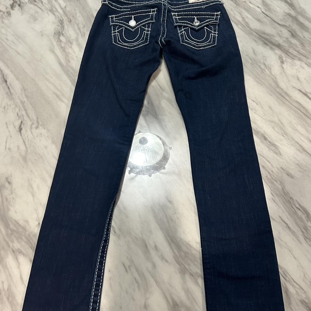 Dark blue True Religion jean with white stitching,... - Depop