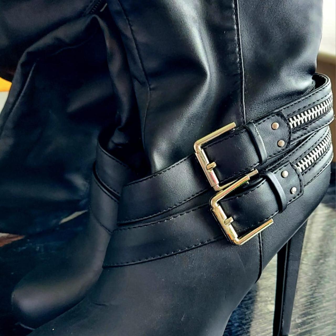 Stylish Black Stiletto Heeled Boots with Buckle and... - Depop