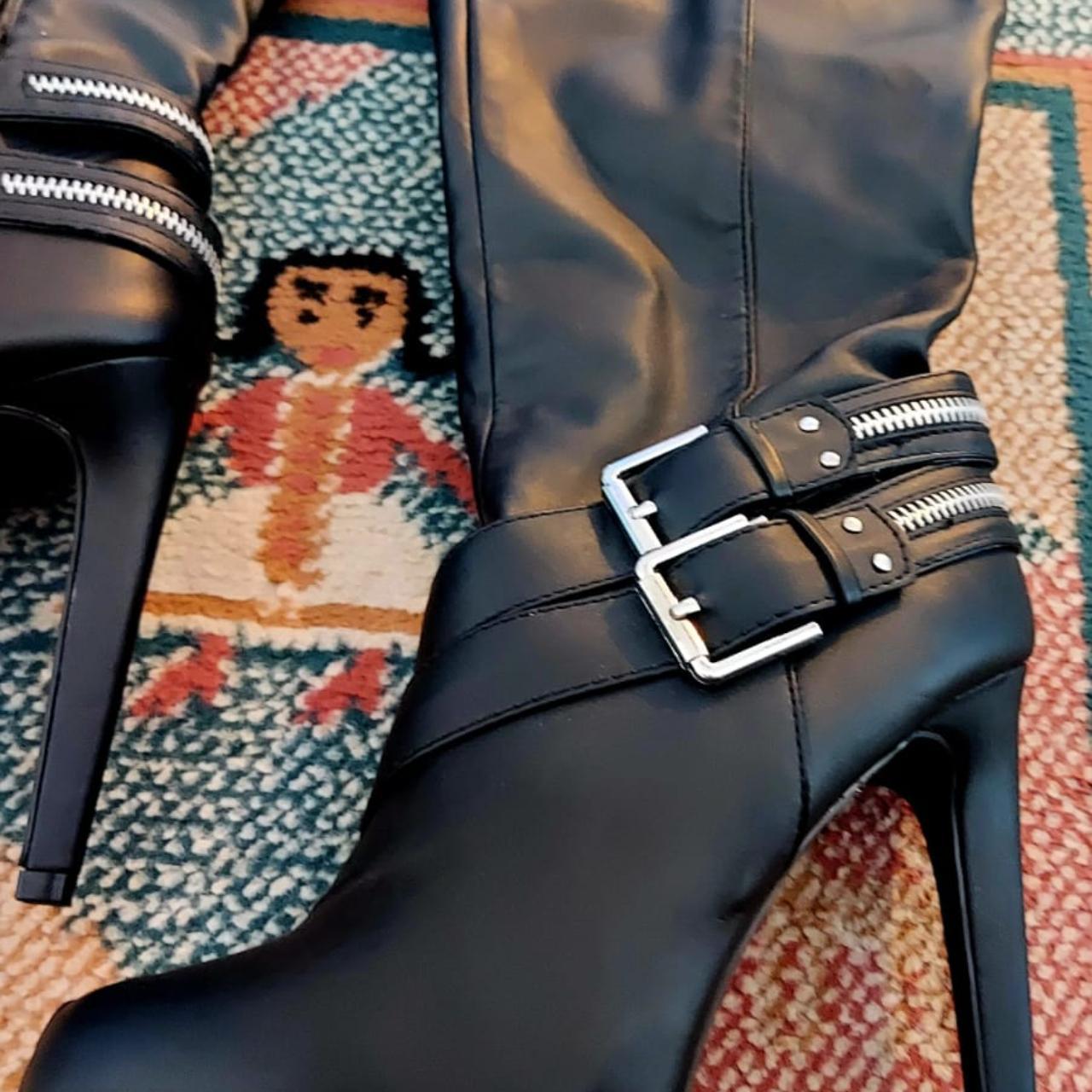 Stylish Black Stiletto Heeled Boots with Buckle and... - Depop