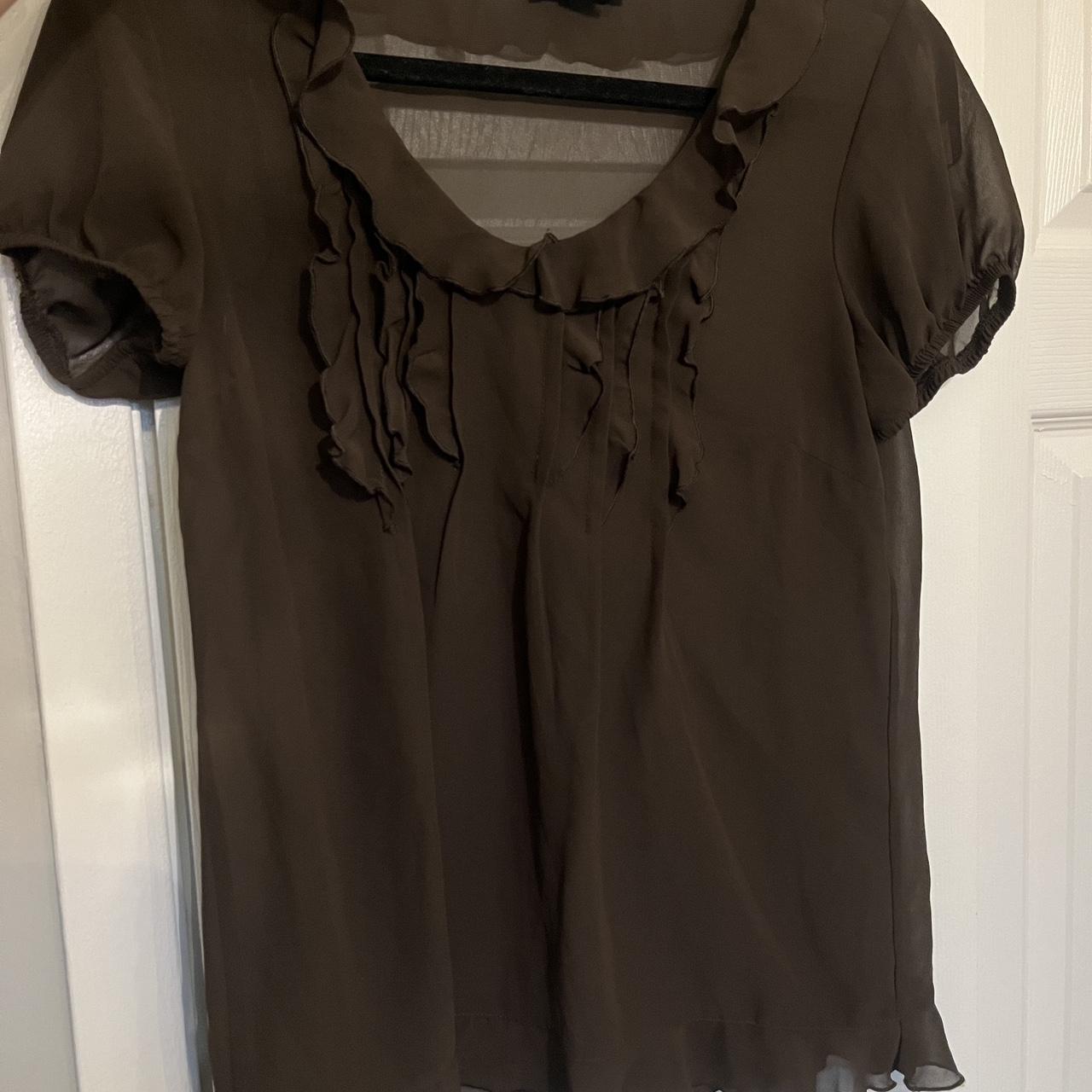 Dark brown sheer blouse with ruffle detailing. Great... - Depop