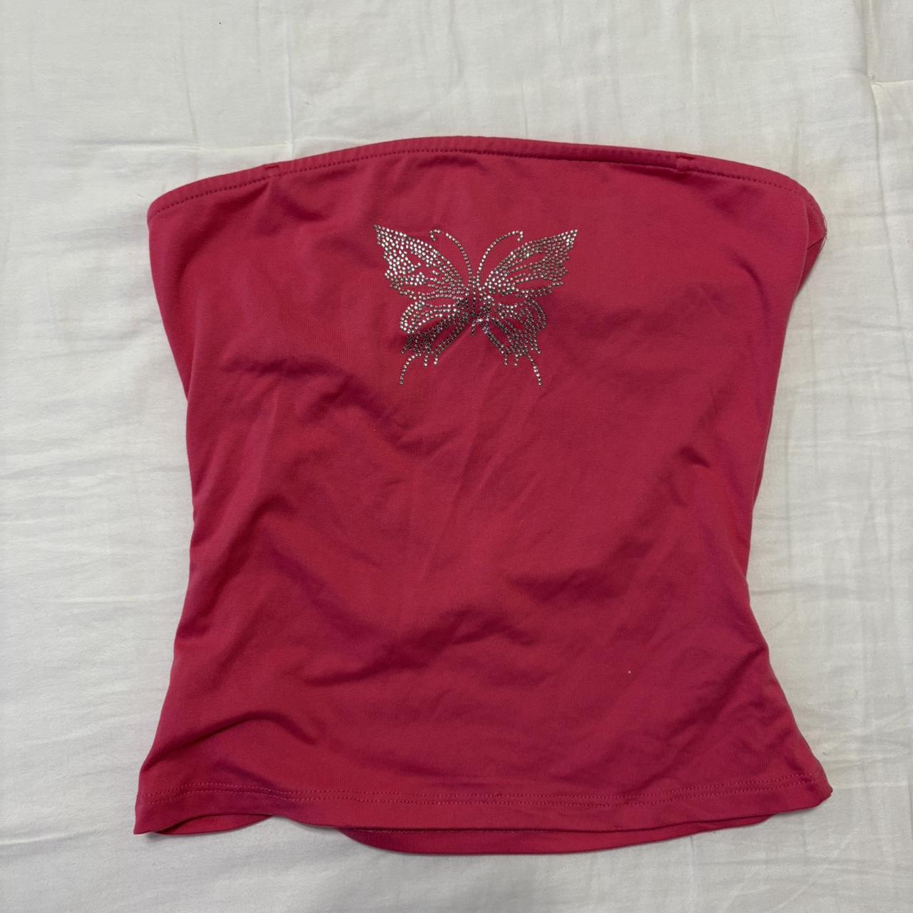 pink bidazzled butterfly tube top size medium #y2k... - Depop