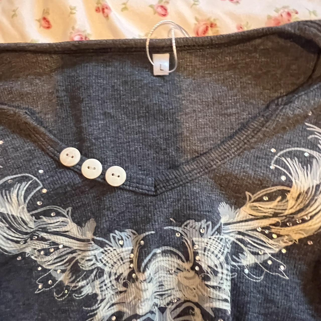 Grunge / Cybercore Grey long sleeve top with cool... - Depop