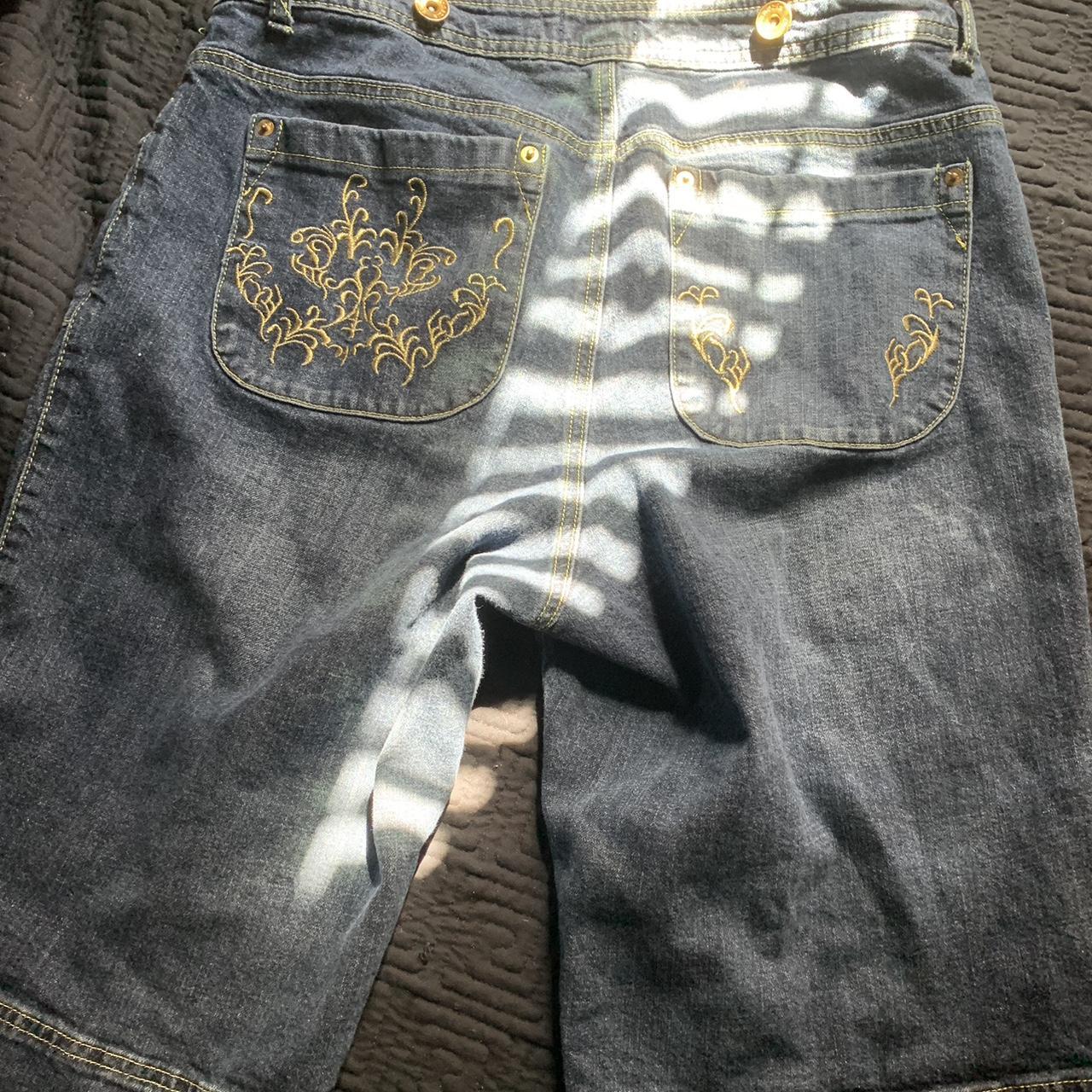 denim jorts with gold embroidered on pockets | Depop