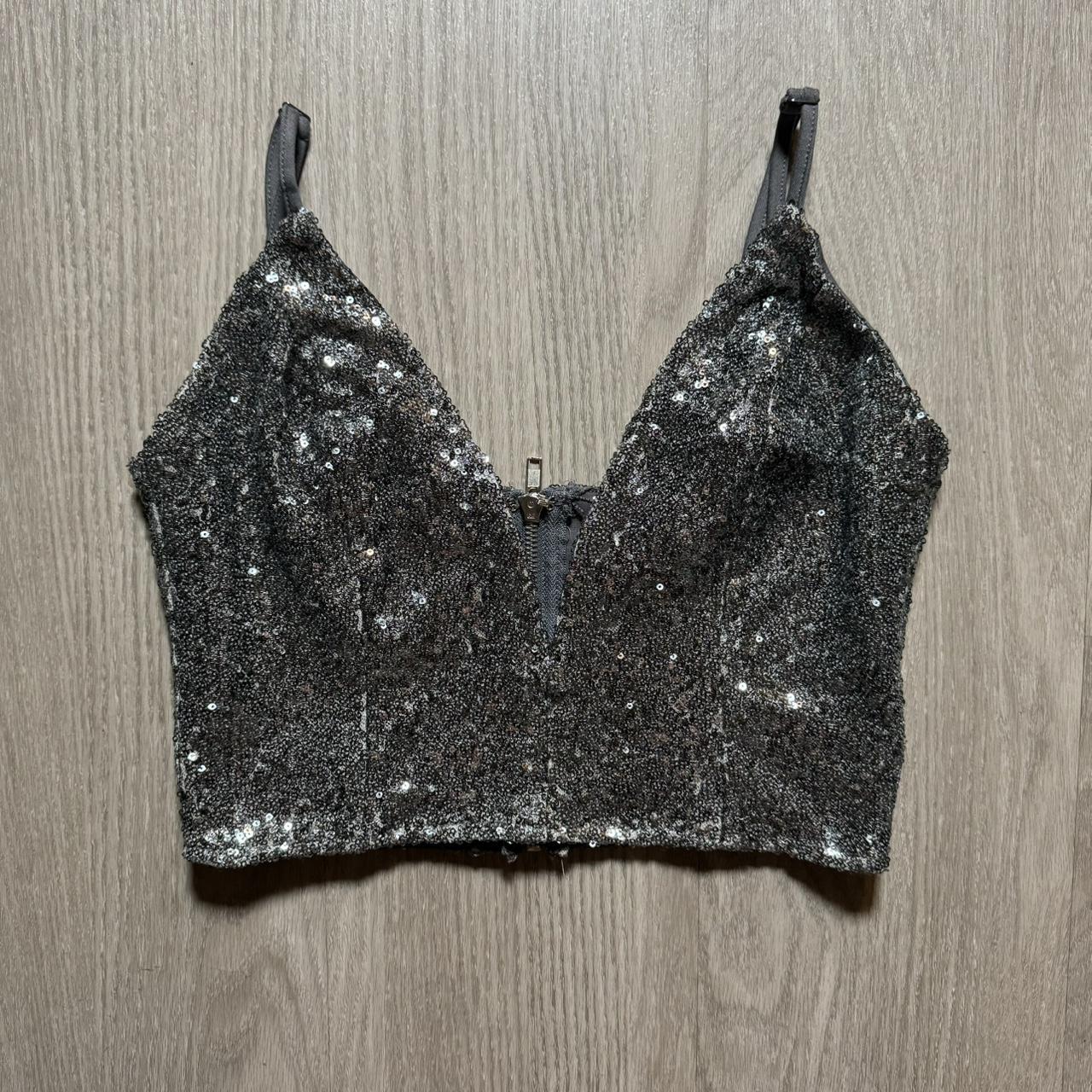 Silver And Grey Sequin Crop Top - Depop