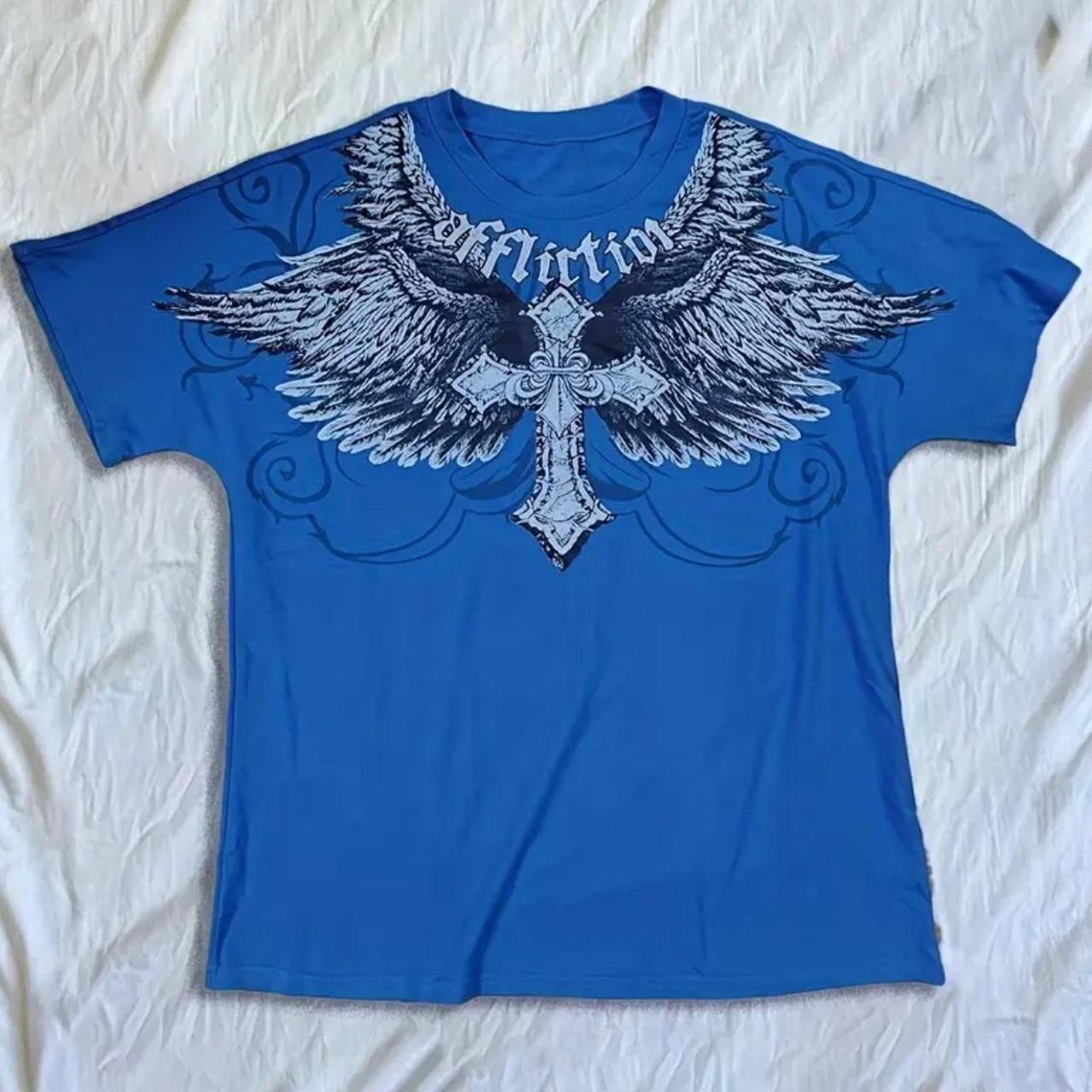 Blue Affliction Graphic T-shirt with cross and wings... - Depop