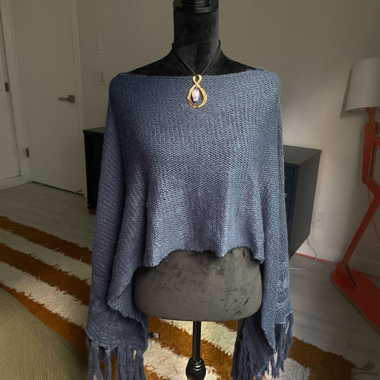 Boho Navy Blue Fringe Cropped Poncho In great pre... | Depop