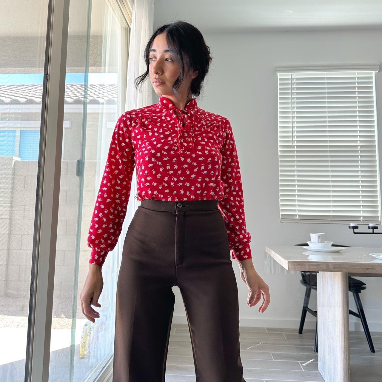 Vintage 70s red floral long sleeve top. Marked size... - Depop