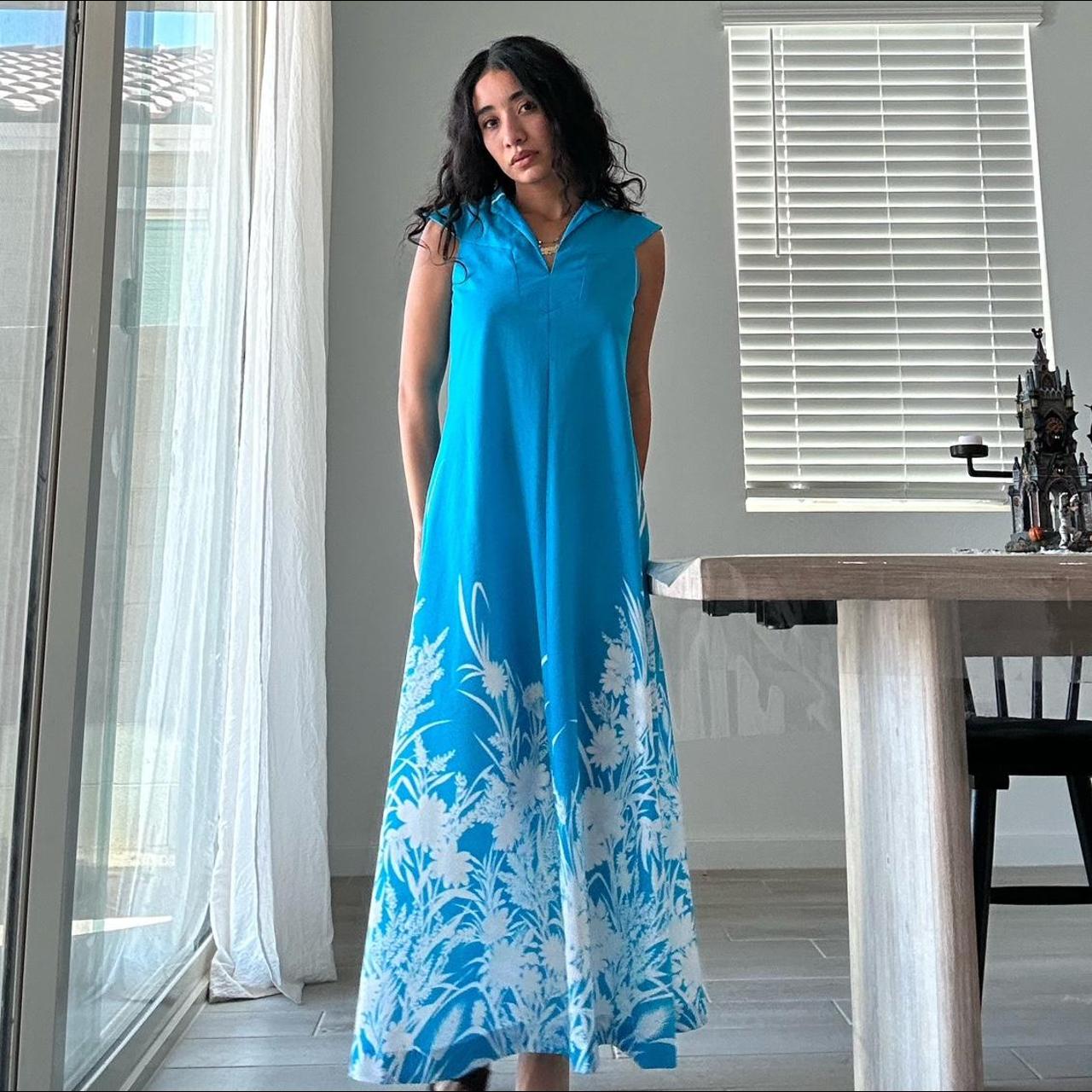 1960s Blue Hawaiian Maxi Dress, Waltah Clarke 100%... - Depop