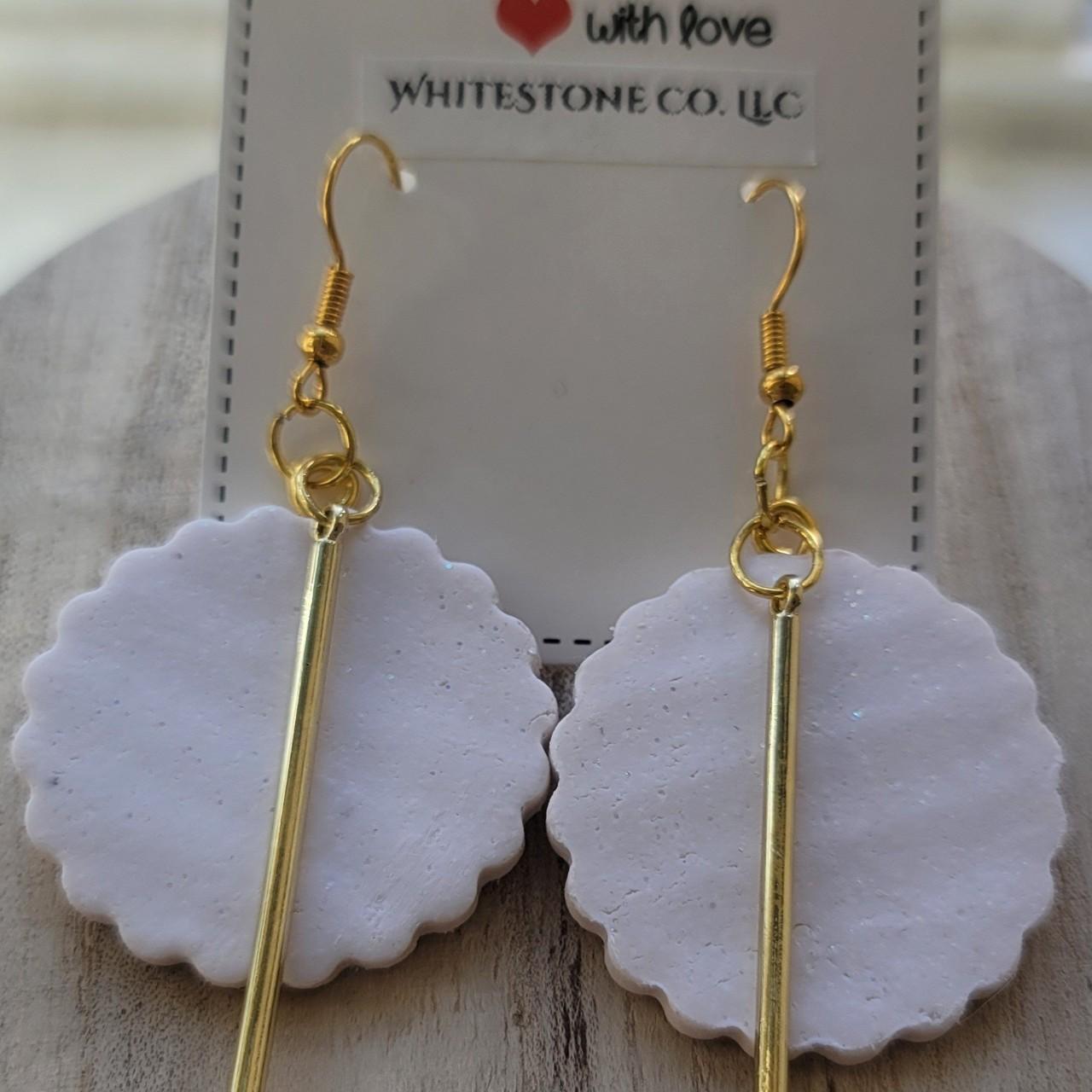 White and Gold Scalloped Disc Earrings with Crystal... | Depop
