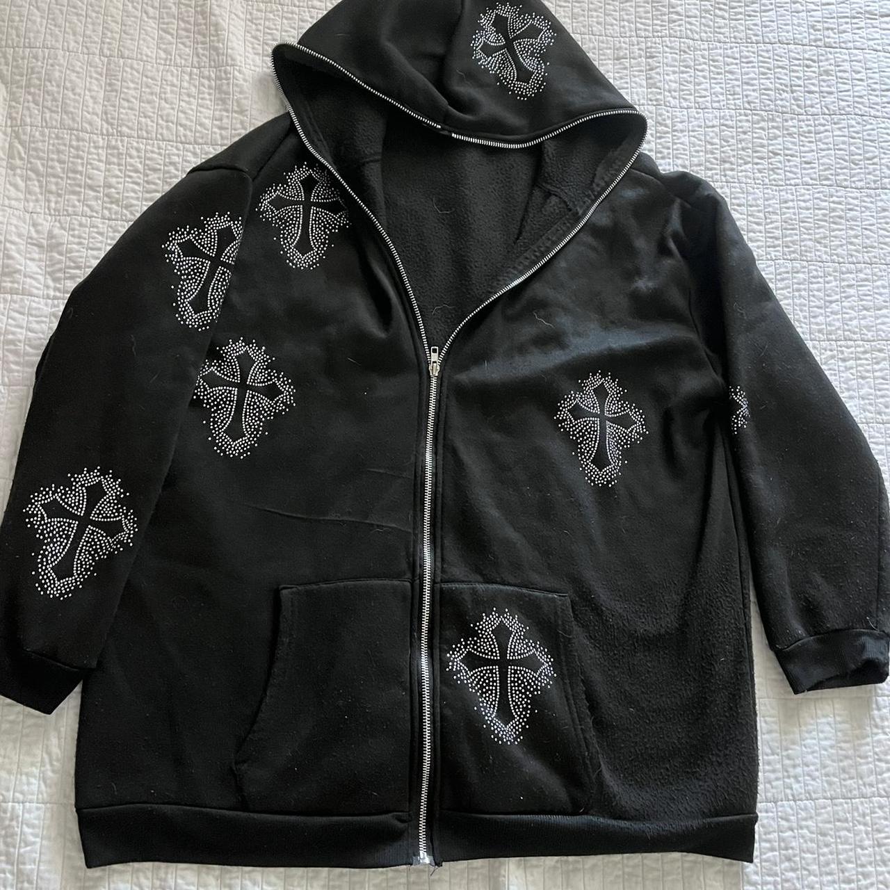 Super dope black and silver zip up hoodie with crosses - Depop
