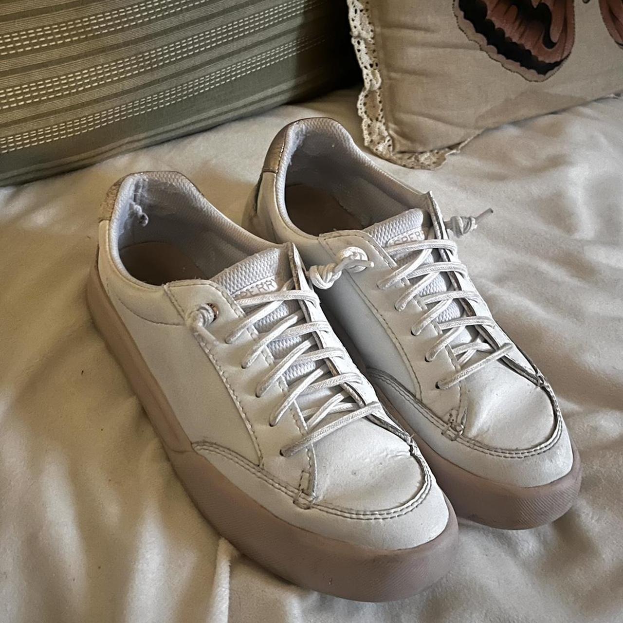 sperry white low top sneakers with baby pink midsole... | Depop