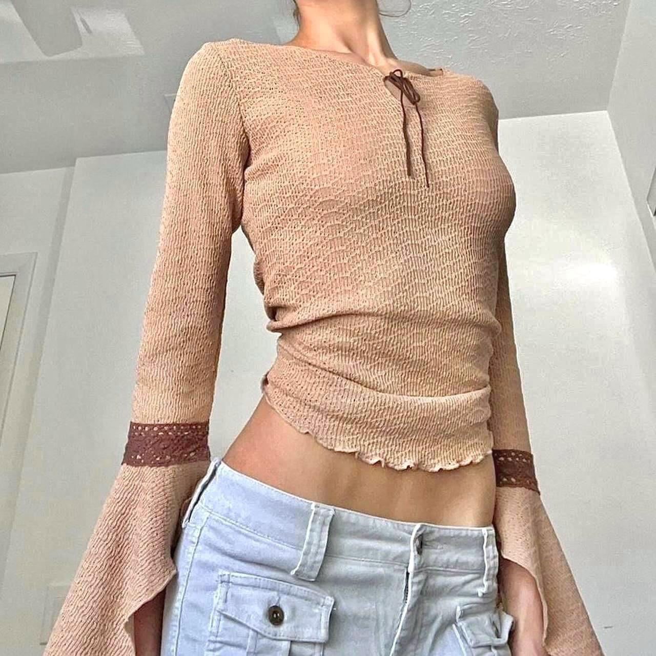 🤎VINTAGE TAN & BROWN KNIT SUEDE TIE LONGSLEEVE... | Depop