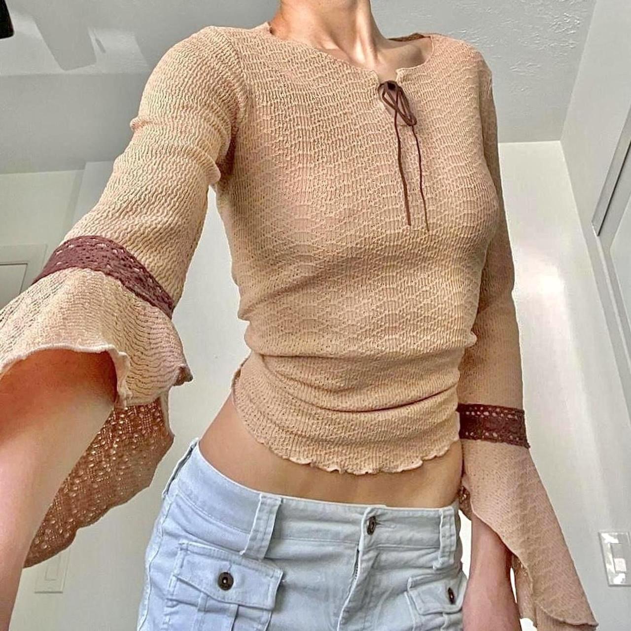 🤎VINTAGE TAN & BROWN KNIT SUEDE TIE LONGSLEEVE... | Depop