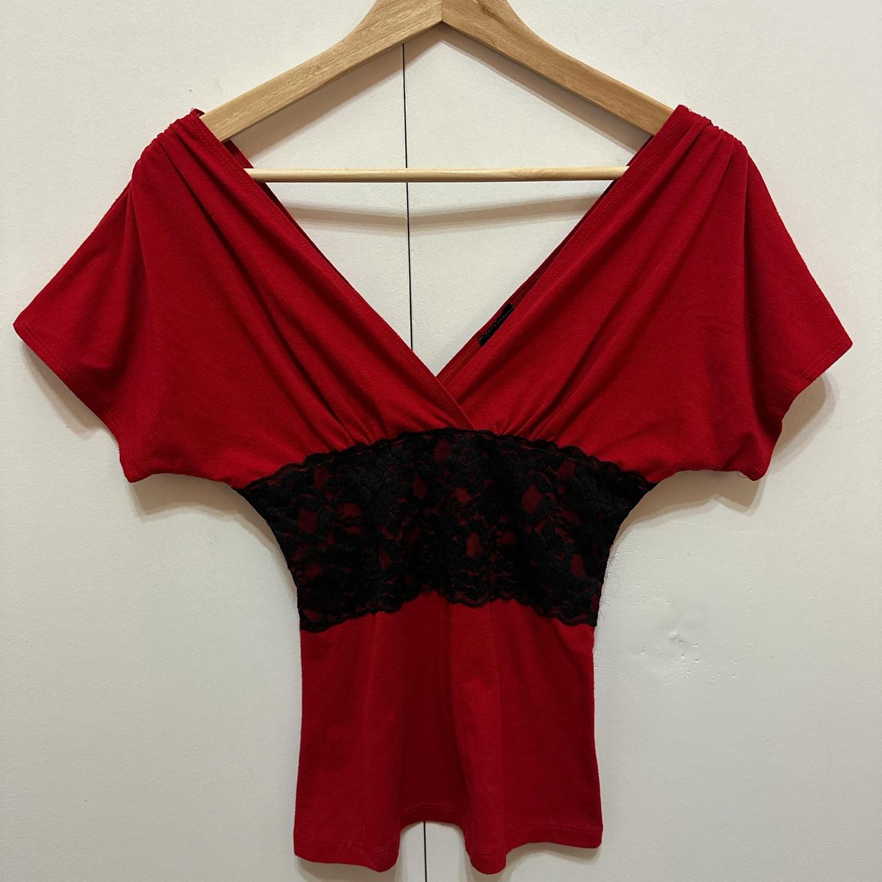 Y2K Candy Rain red & black lace top with a v-neck... | Depop