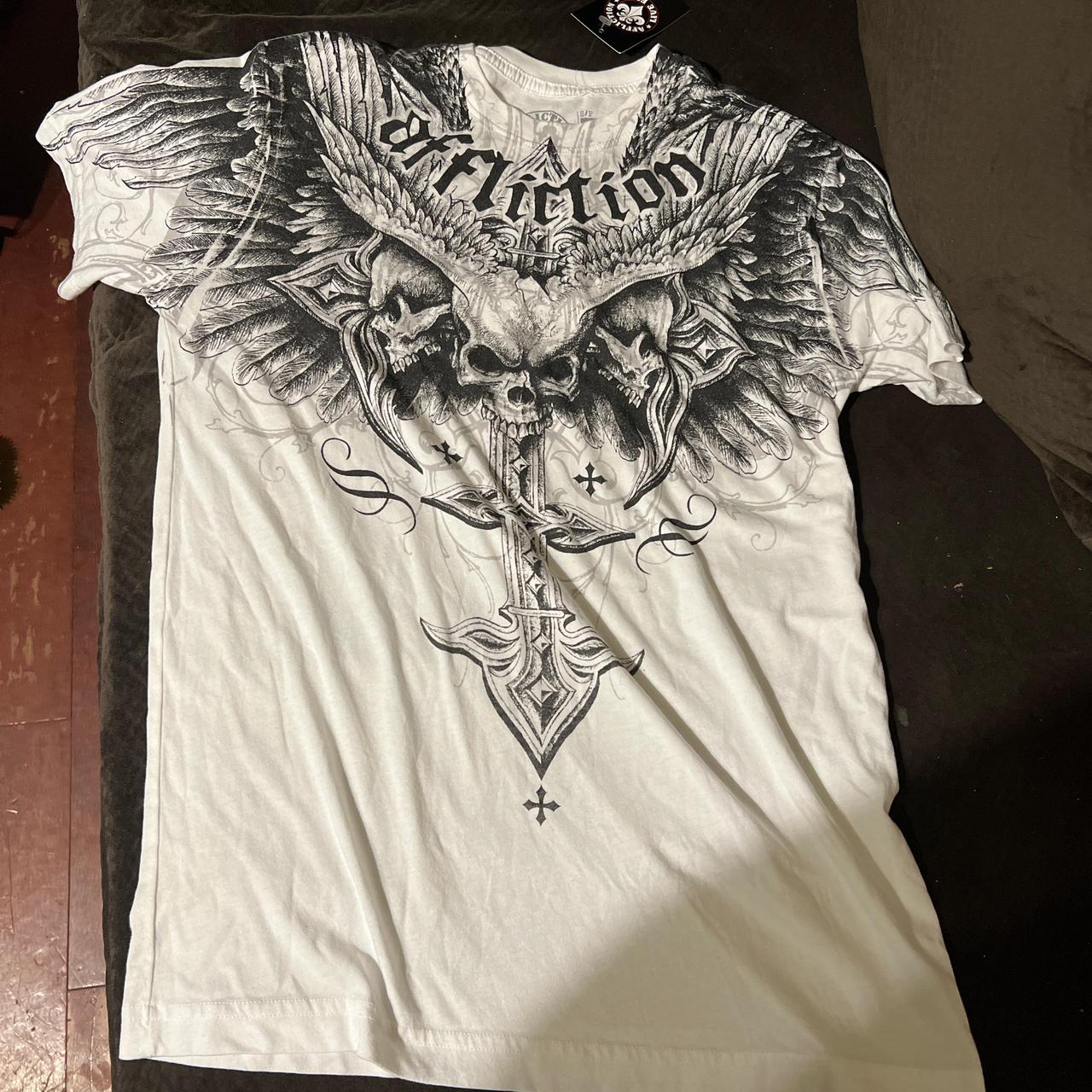White & black affliction Tee Brand new with tag... - Depop