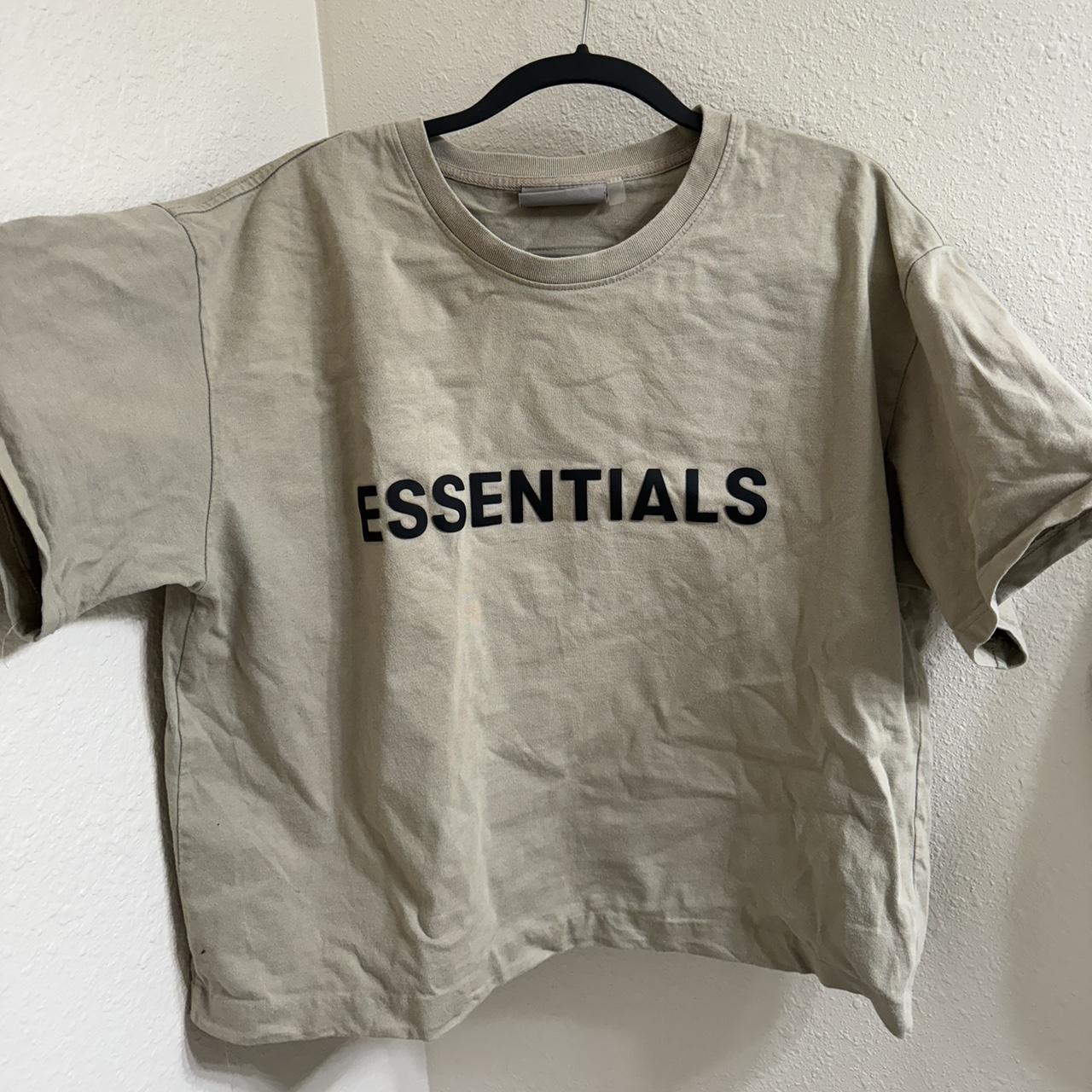 grey / beige essentials tee no size tag, too big for... - Depop