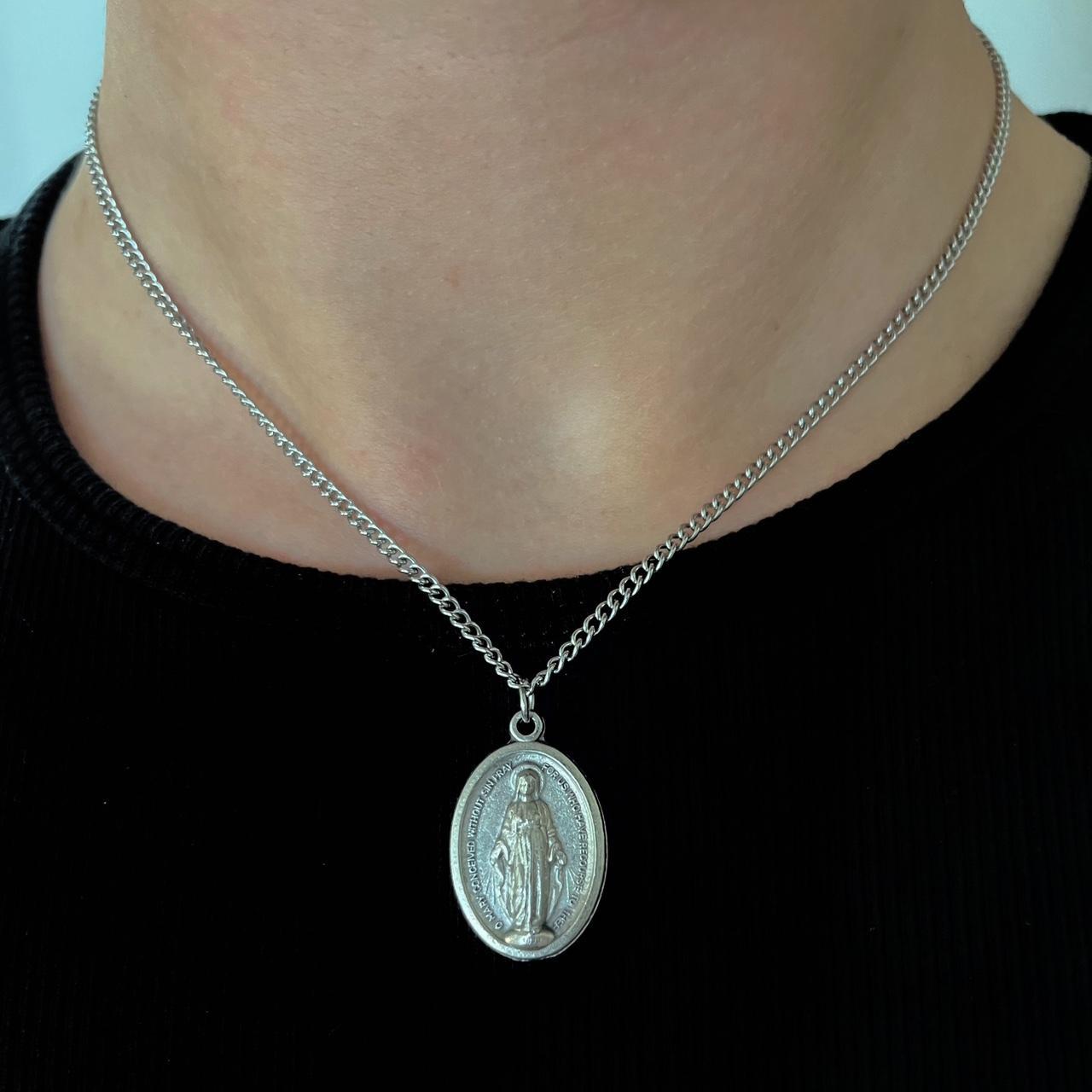 Silver Mother Mary Pendant with Silver Curb Chain... - Depop