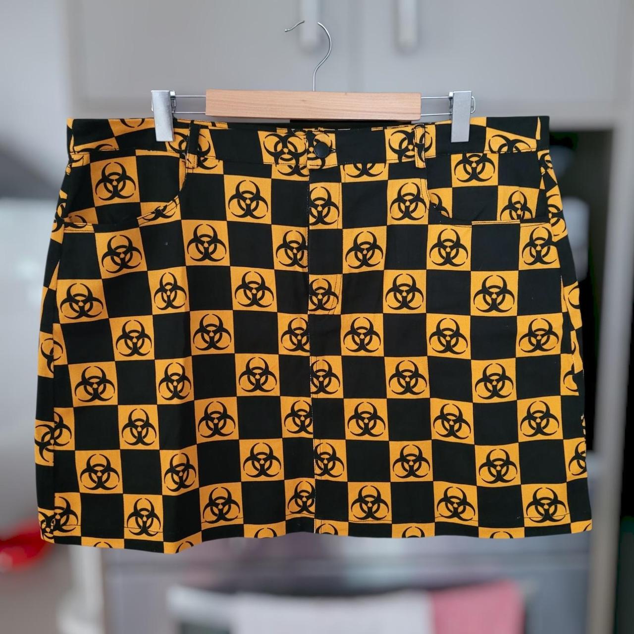 Yellow toxic waste pattern, denim skirt, size 20,... | Depop