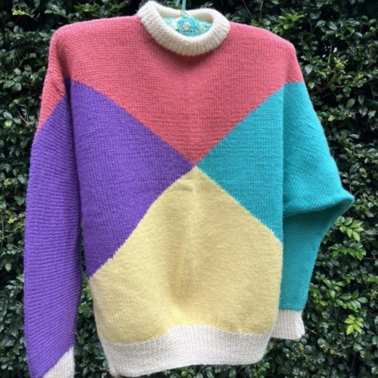Hand knitted multi-coloured retro jumper, knitted by... - Depop