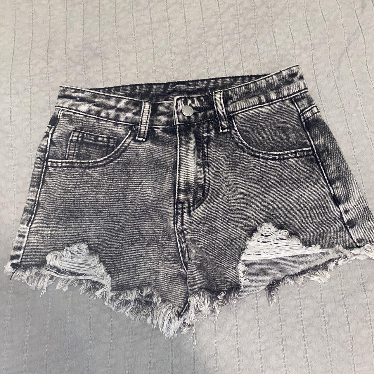 dark grey denim shorts with cool ripped design on... - Depop