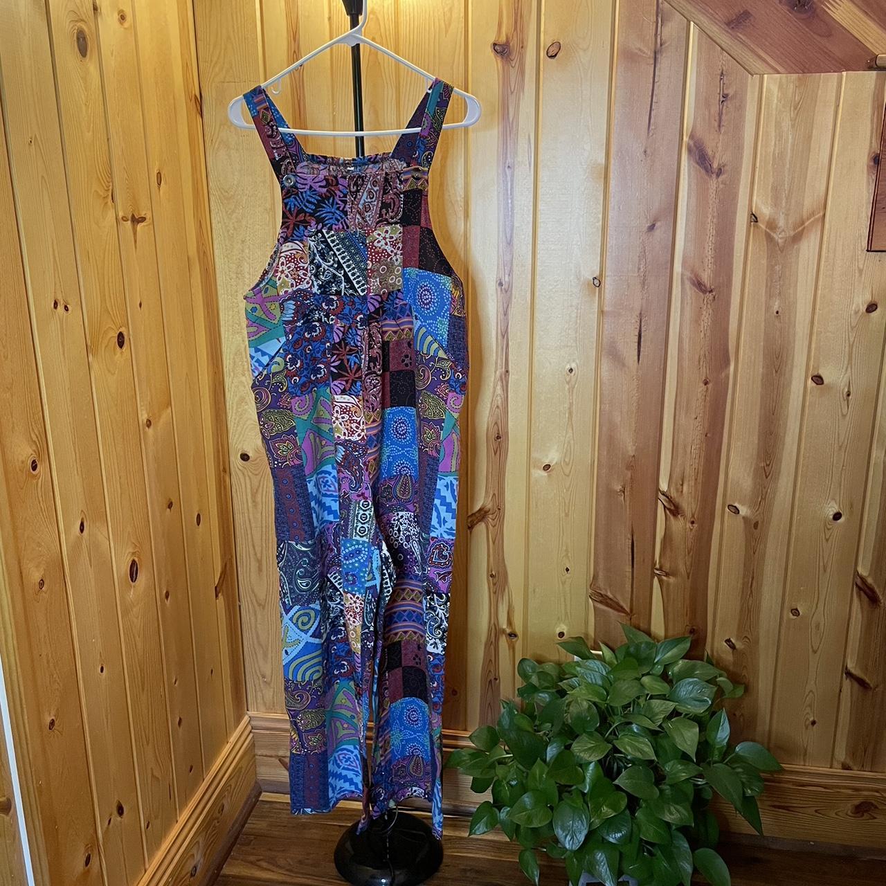 Boho multi colored overalls. Size L - Depop